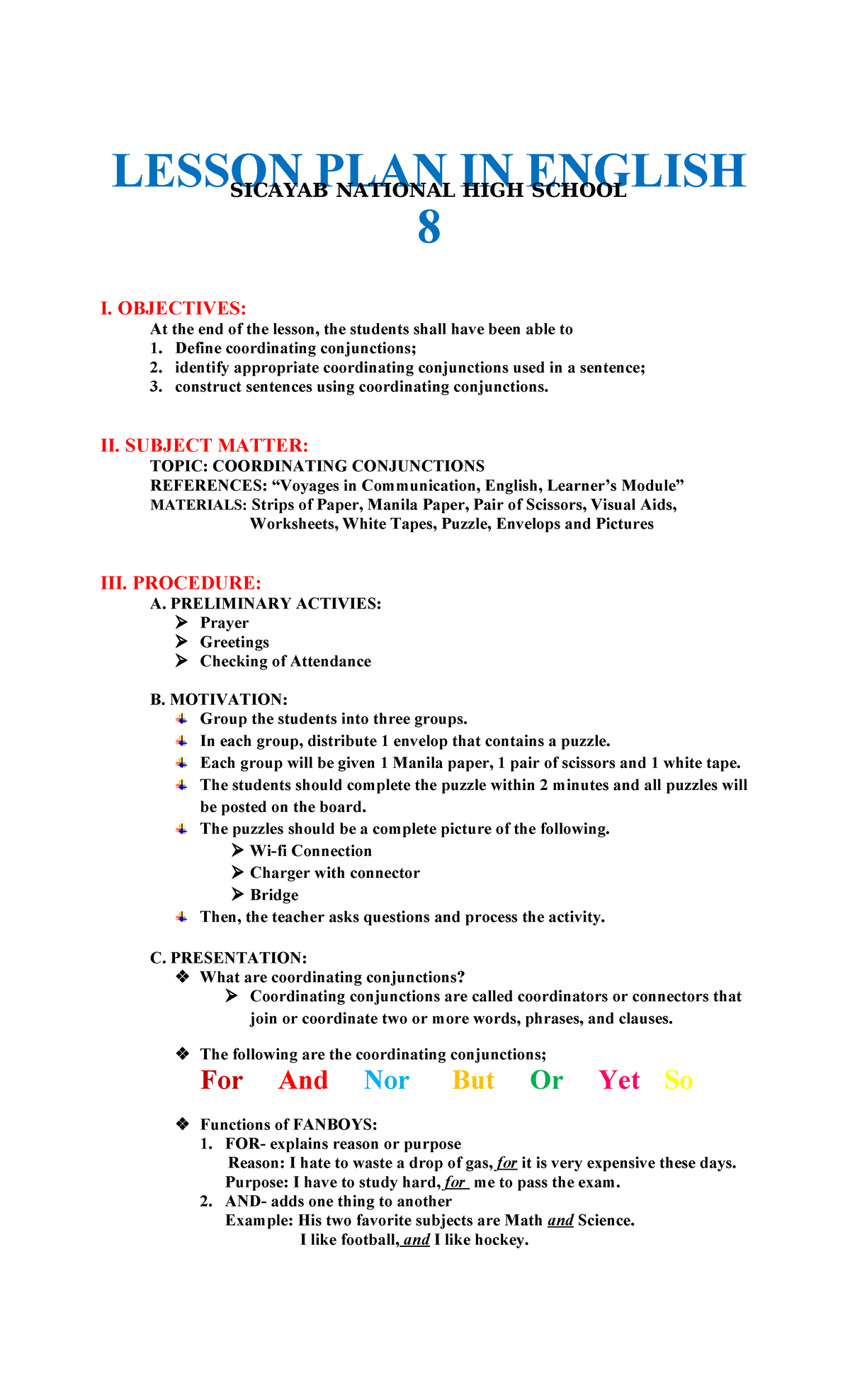 Lesson plan final - I. OBJECTIVES: At the end of the lesson, the ...
