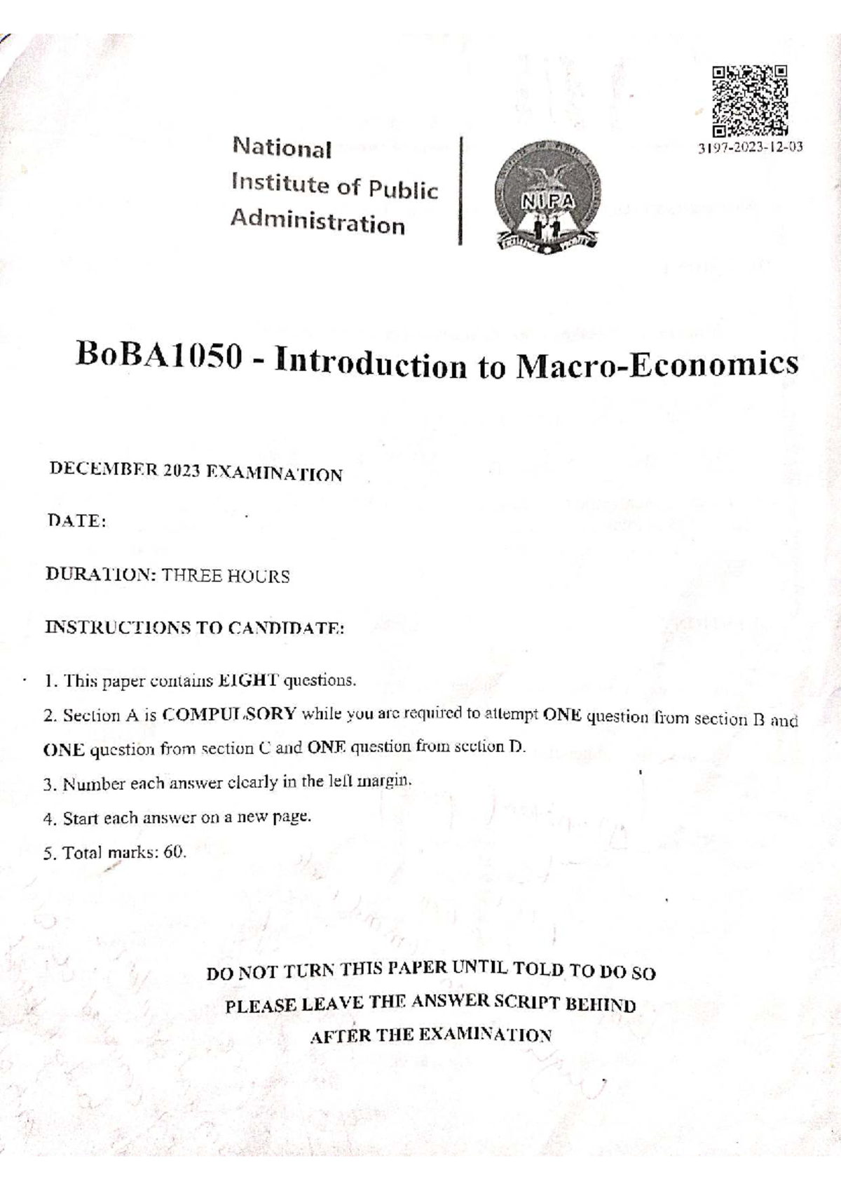 Introduction to Macro Economics BoBA1050 Final Exam December 2023 - Studocu