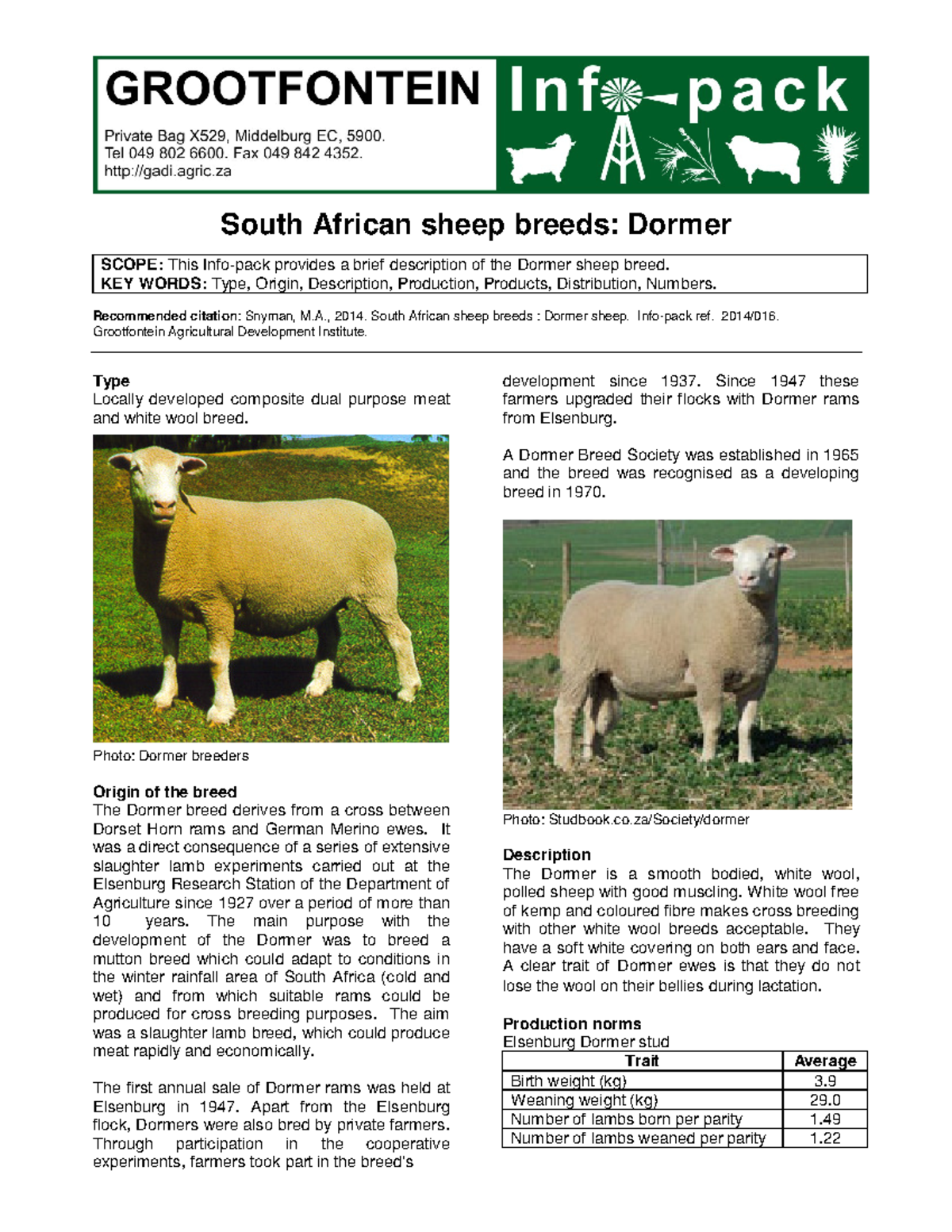2014 016 South African Sheep Breeds: Overview of Dormer Sheep - Studocu