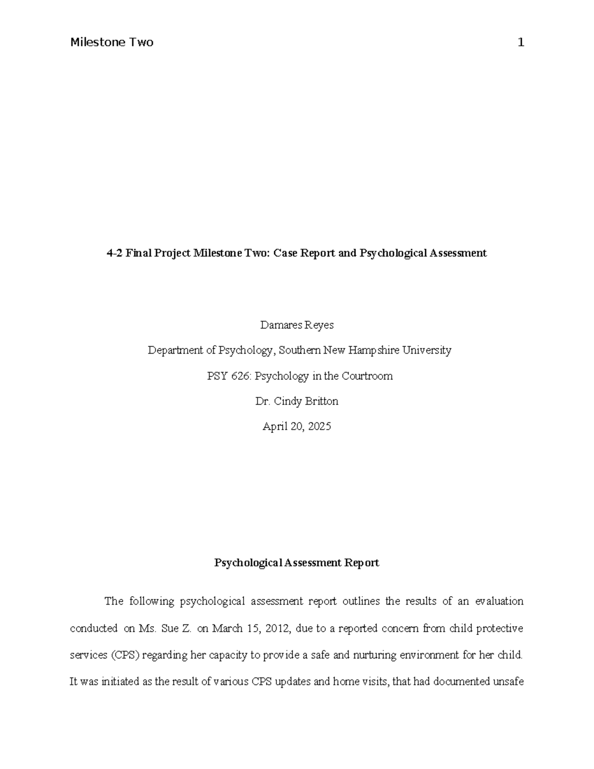 PSY 626: Final Project Milestone Two - Psychological Assessment Report ...