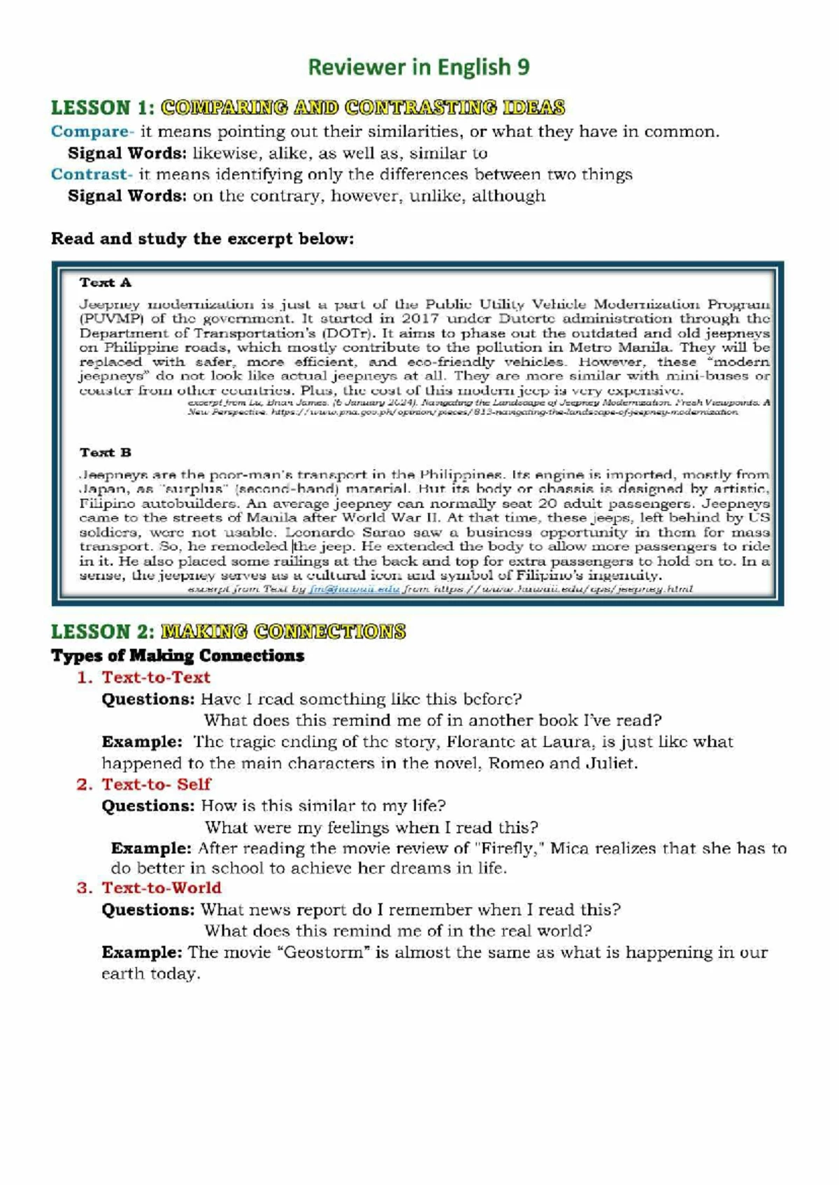 ENG 9 Reviewer: Comparing Ideas & Connections in Lesson 1-6 - Studocu