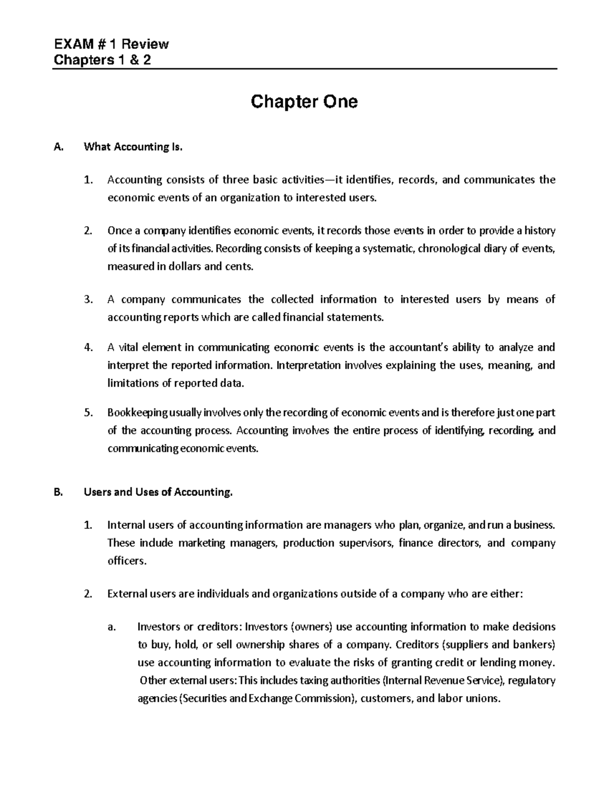 ACC 101 Exam 1 Study Guide: Key Concepts from Chapters 1 & 2 - Studocu