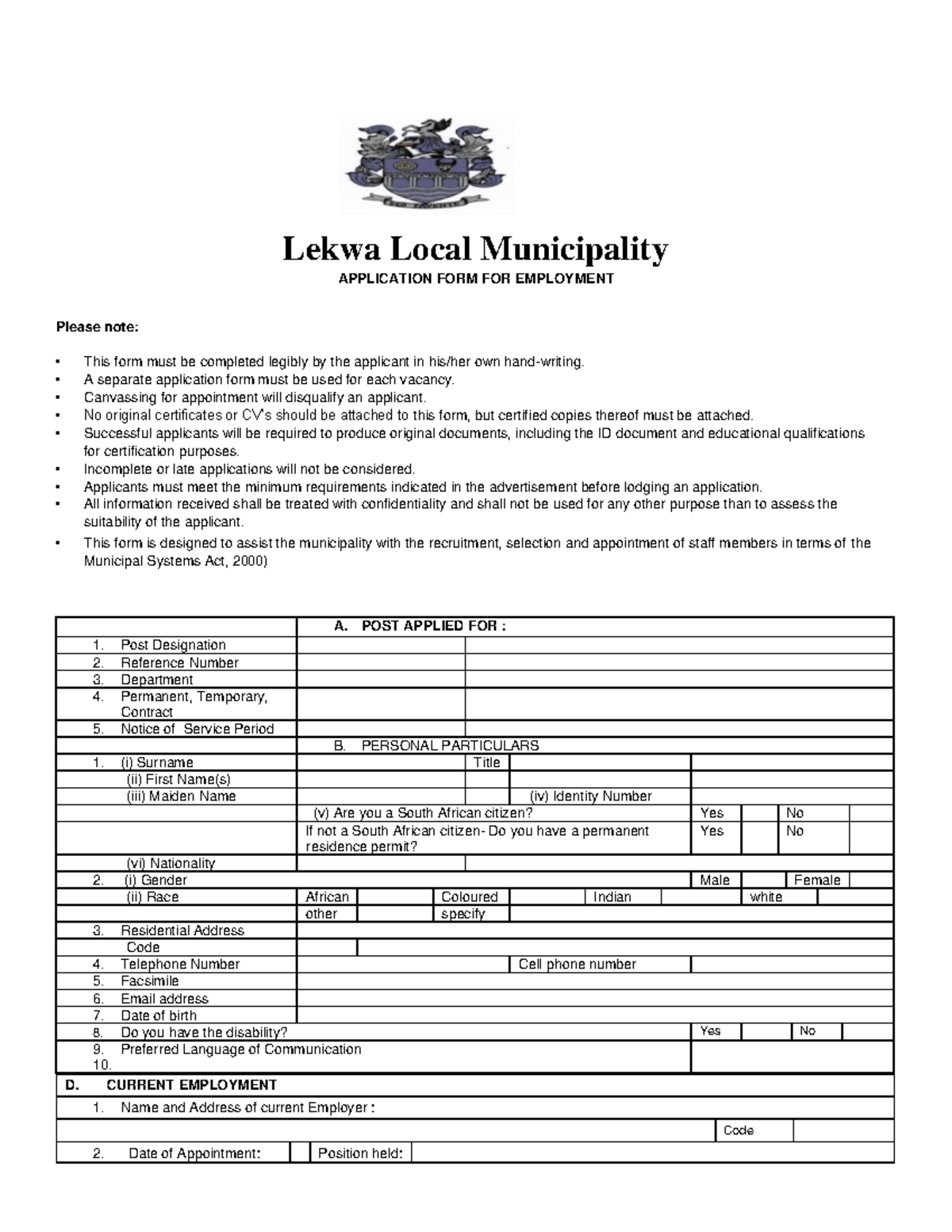 Lekwa Local Municipality Employment Application Form - Studocu