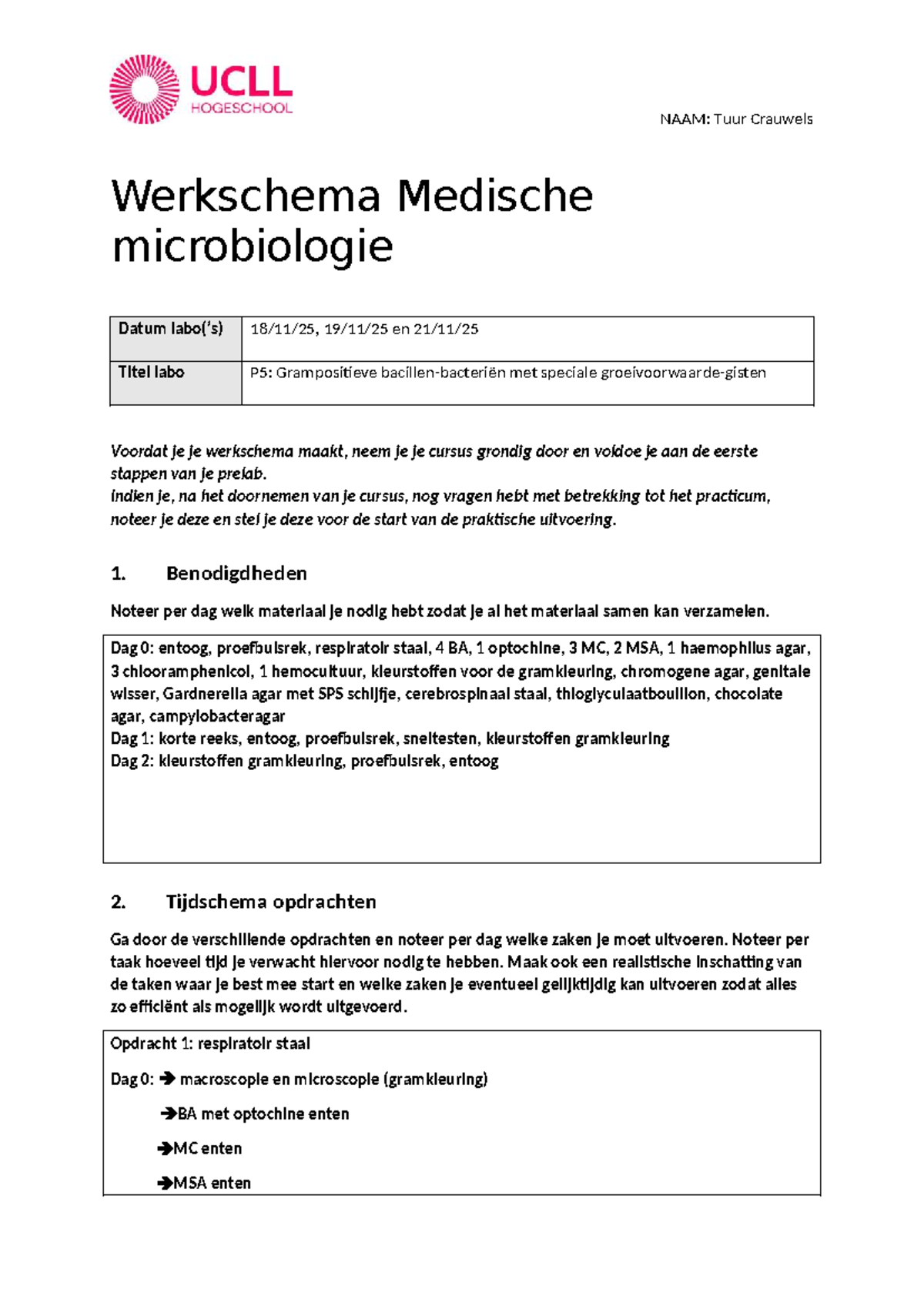 Werkschema Practicum 5: Grampositieve Microbiologie Lab P5 - Studocu