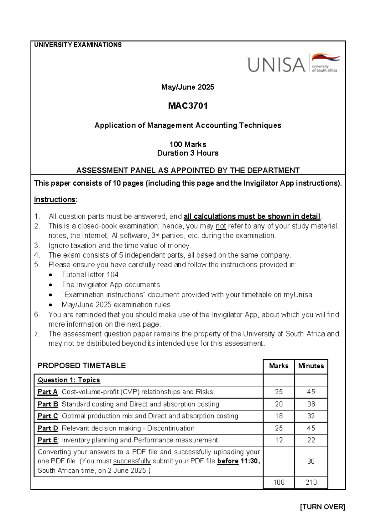 MAC3701 June 2025 Final Exam: Management Accounting Techniques - Studocu