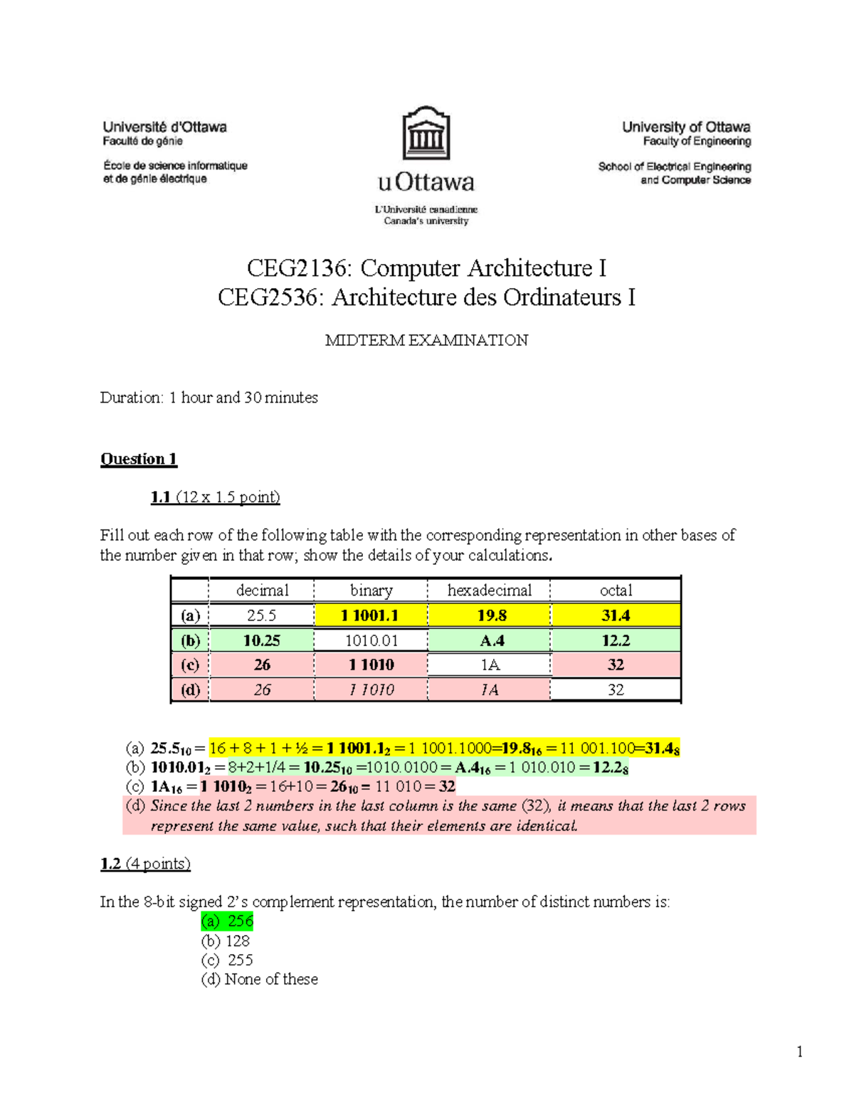 CEG2136: Computer Architecture I Midterm Exam Solutions - Studocu