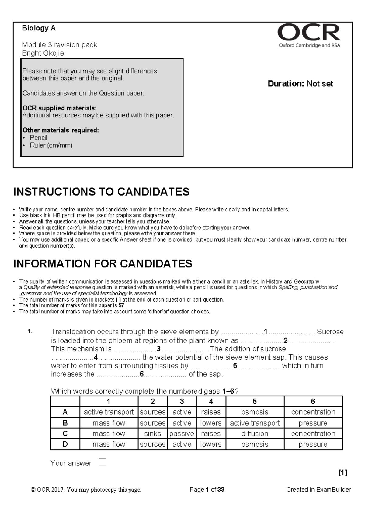Biology A Module 3 Revision Pack - Exam Questions & Mark Scheme - Studocu
