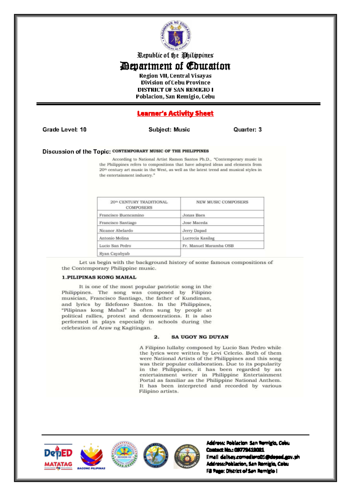 LAS MAPEH 10 Q3 Activity Sheet: Music & Arts Notes - Studocu