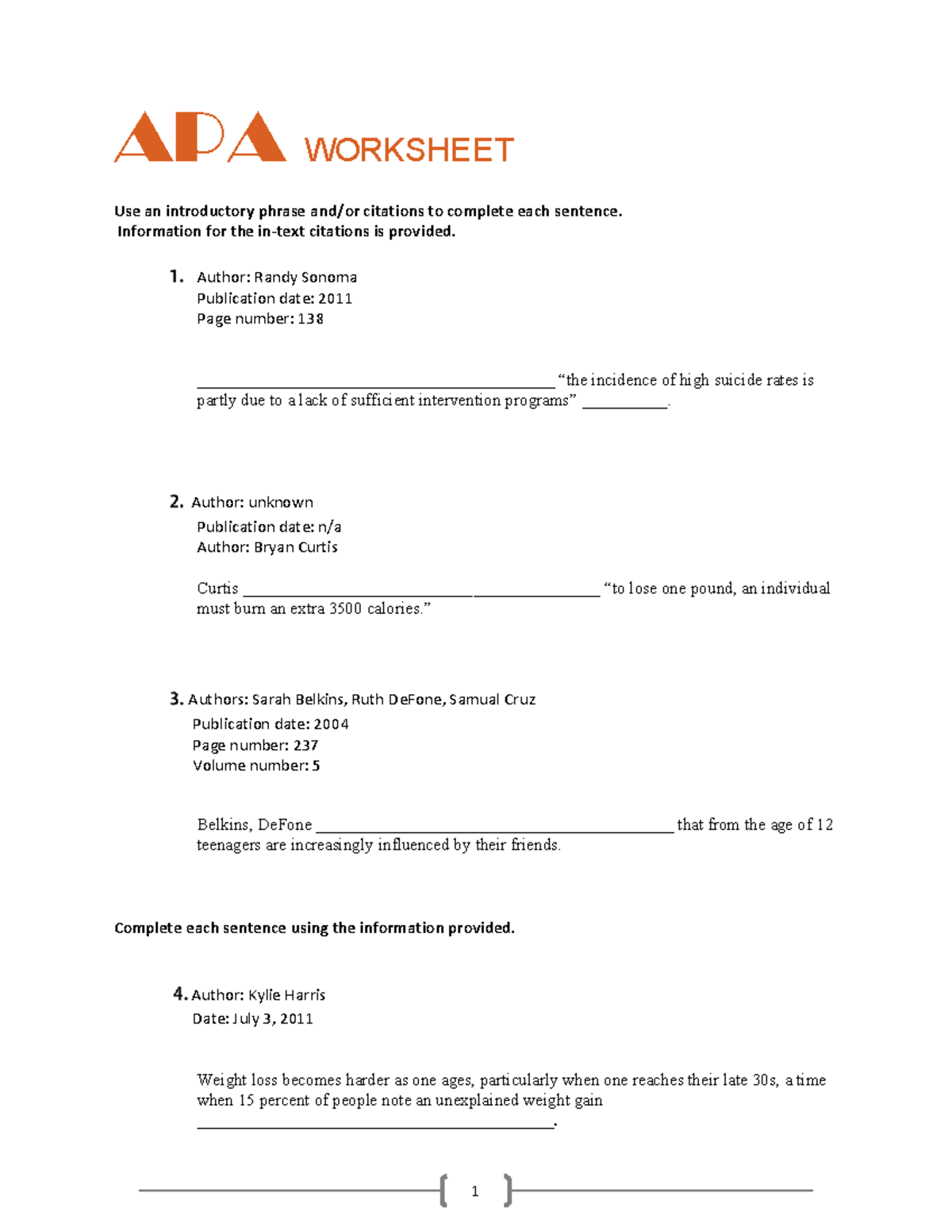 APA WORKSHEET: Citation Practice and Reference Formatting - Studocu