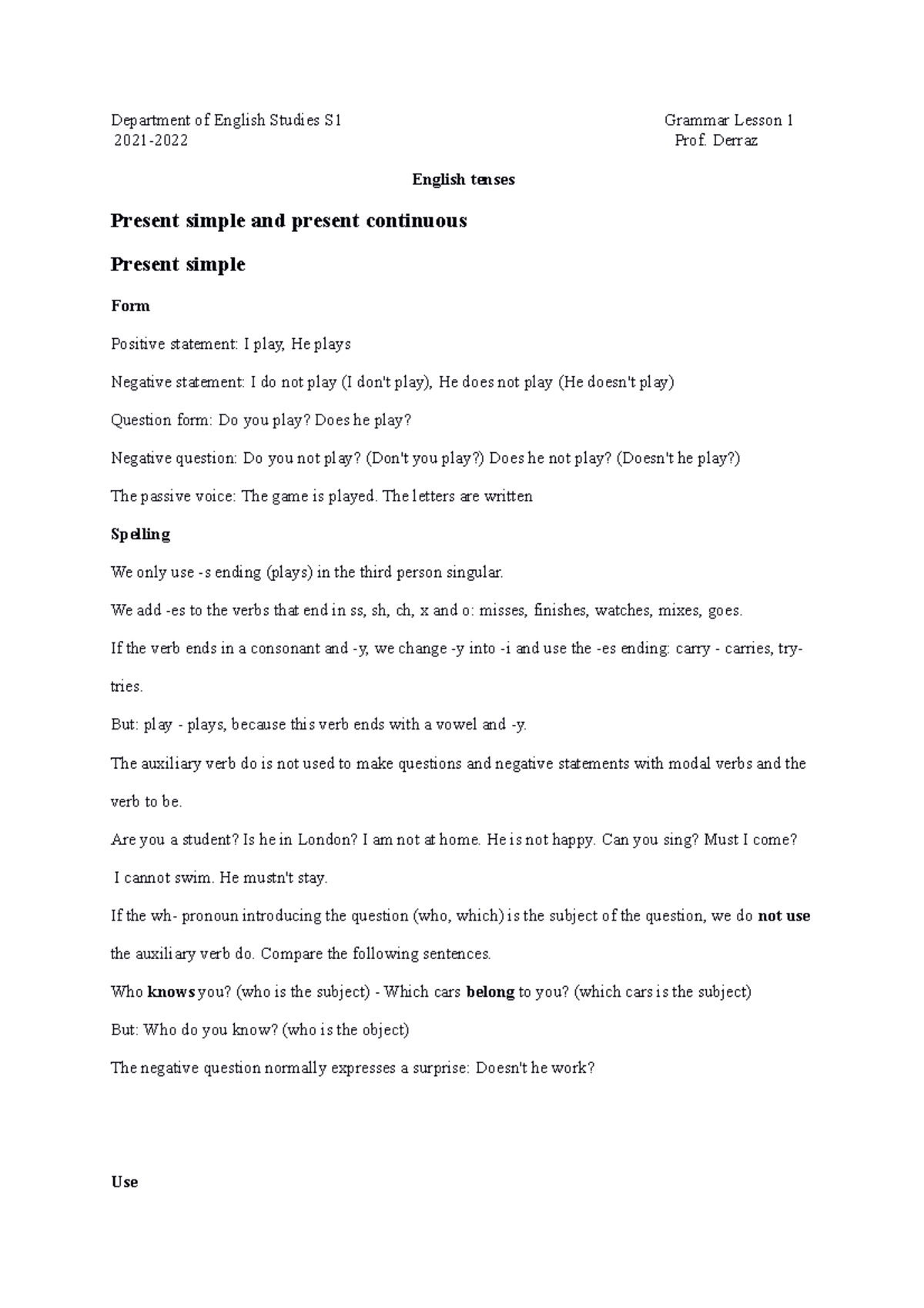 Lesson 1 present simple continuous - Department of English Studies S1 ...