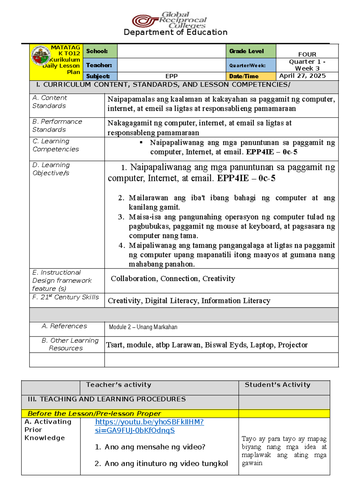 EPP4IE Daily Lesson Plan: Computer Basics for Grade 4, Week 3 - Studocu