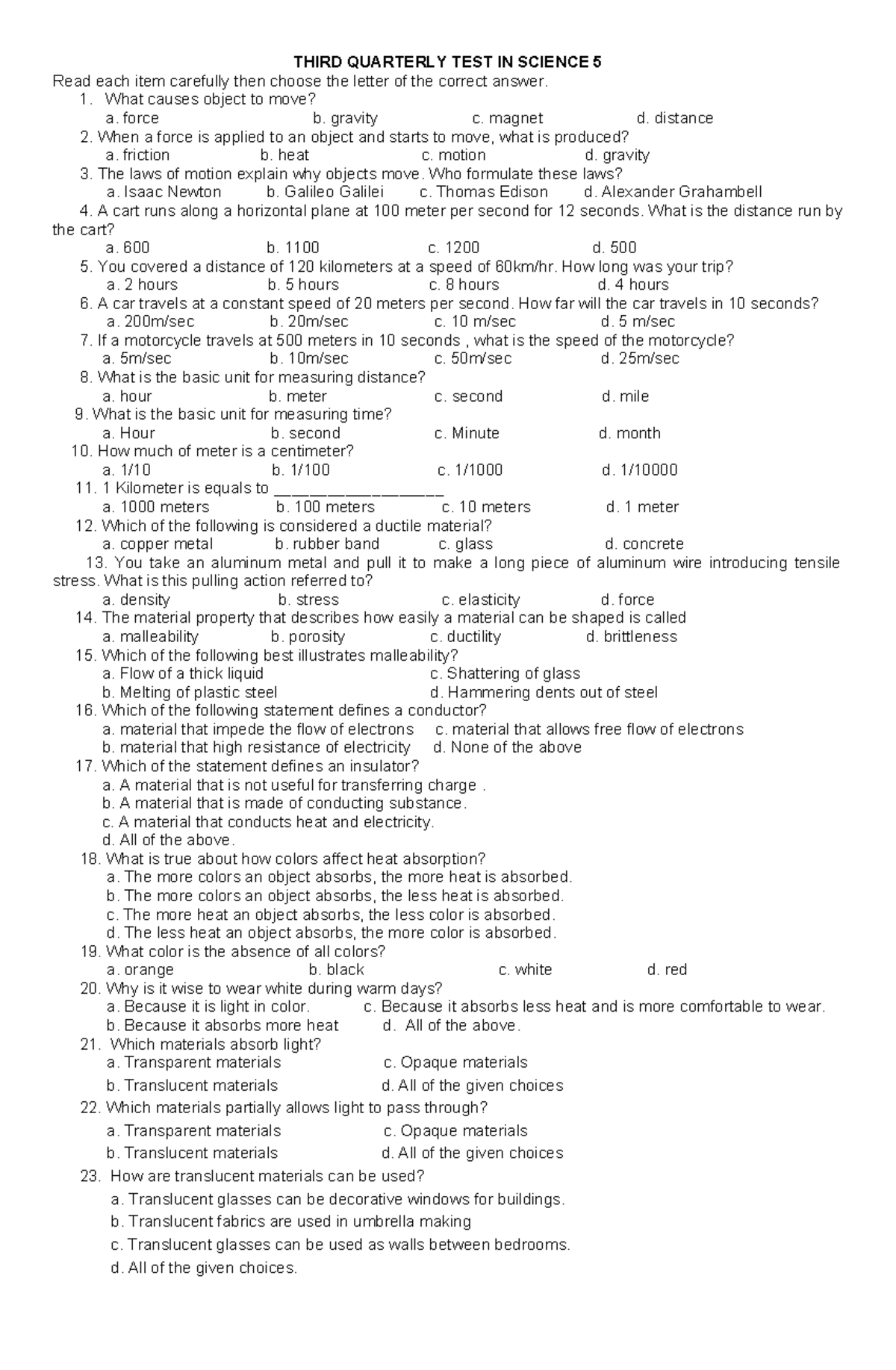 3RD Quarterly Test in Science 5: Comprehensive Review and Answers - Studocu