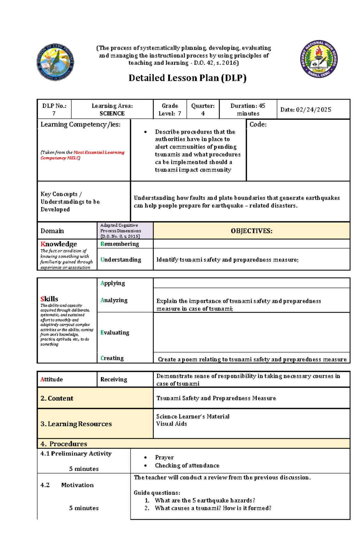 Tsunami Safety & Preparedness Lesson Plan for Grade 7 Science - Studocu