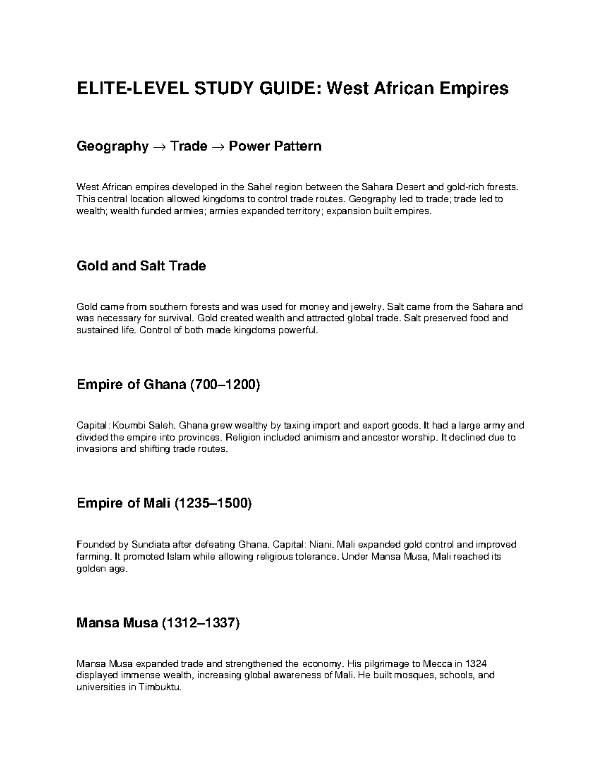 Elite West African Empires Study Guide: Geography, Trade & Power - Studocu