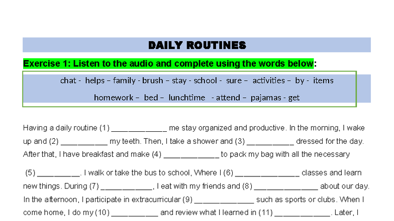 DAILY ROUTINES Exercise 1 & 2: Listening Comprehension Activities - Studocu