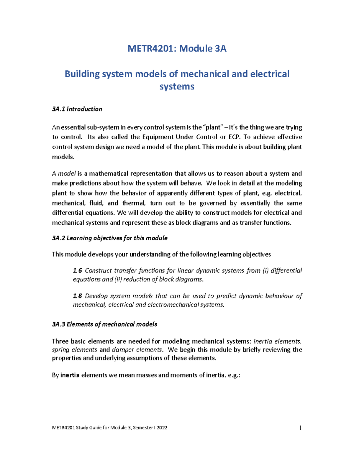 METR 4201 - Study Guide for Module 3: Mechanical & Electrical Models ...