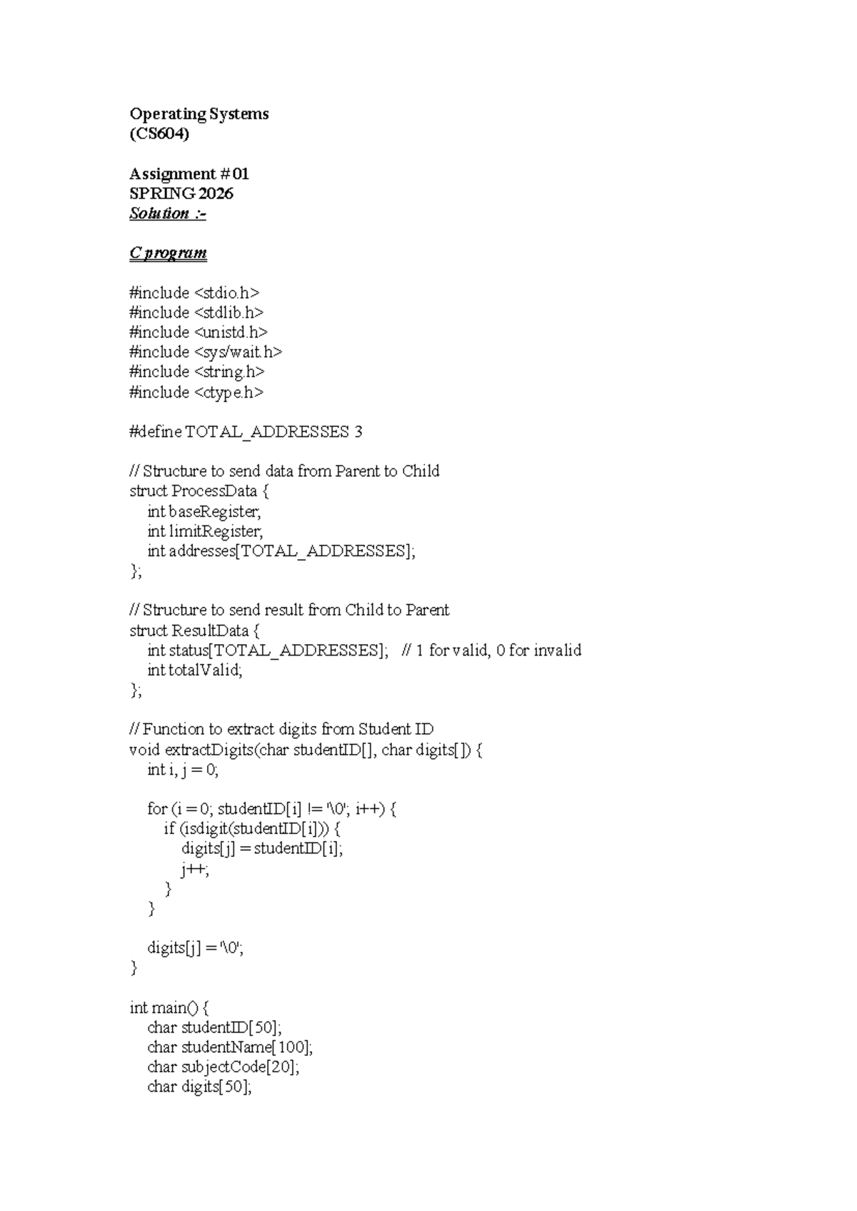 CS604 Assignment 01 - C Program for Parent-Child Communication - Studocu