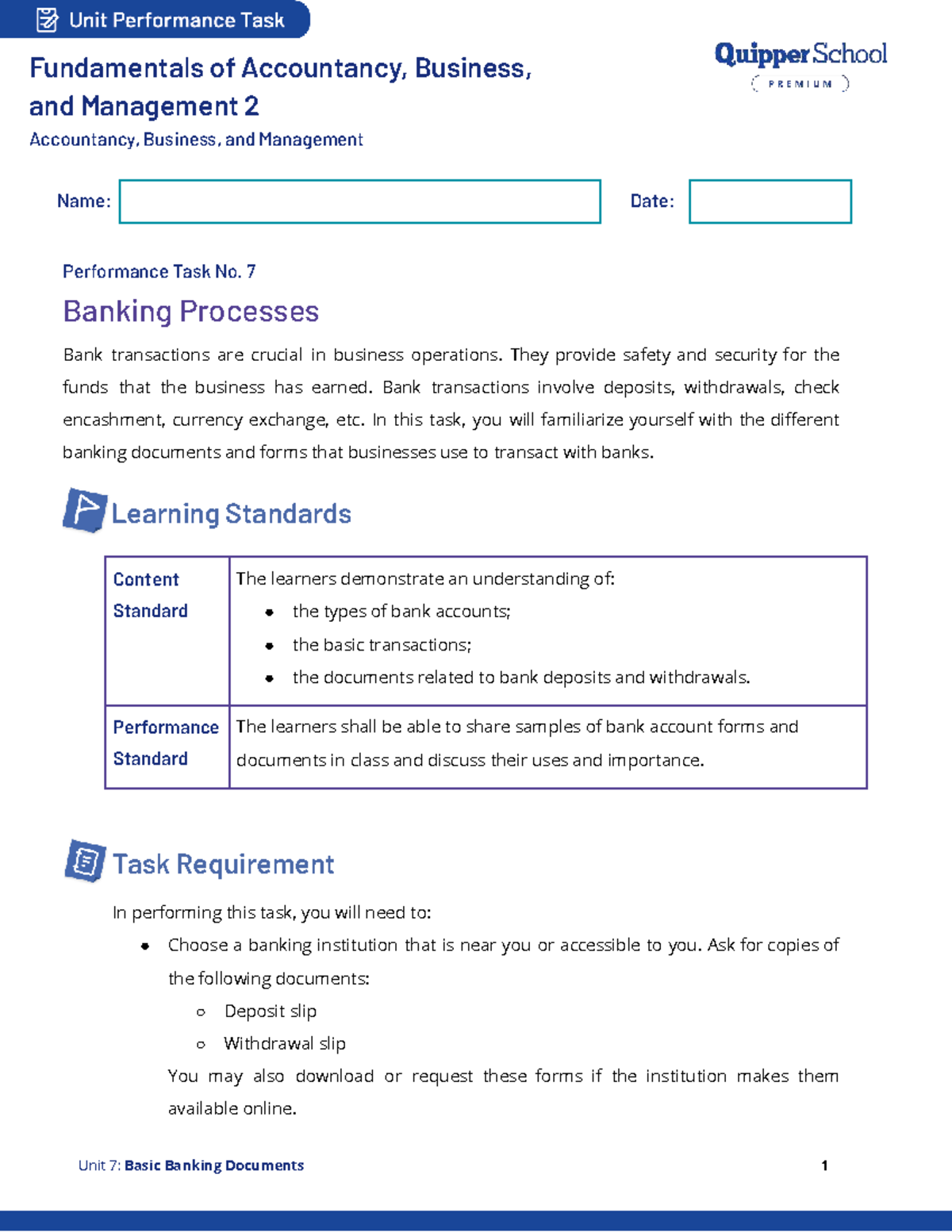 FABM 2 Performance Task 7: Understanding Banking Processes and Forms - Studocu