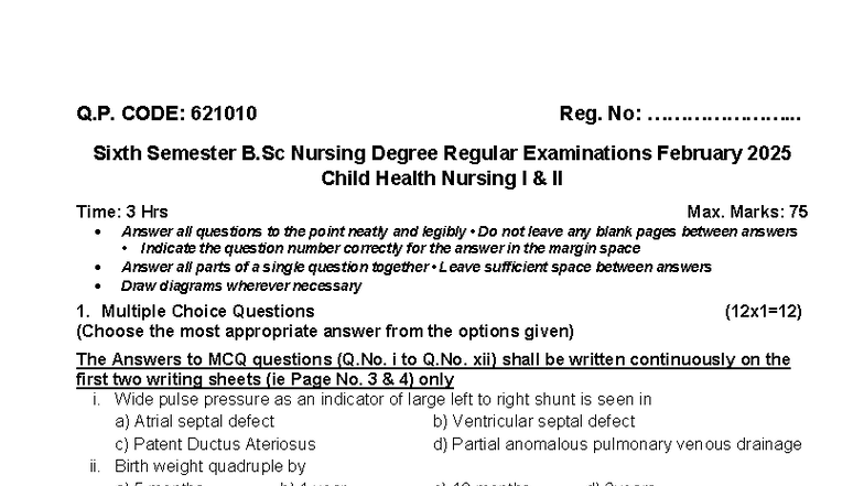 Child Health Nursing I & II Exam Q.P. CODE: 621010 - Feb 2025 - Studocu