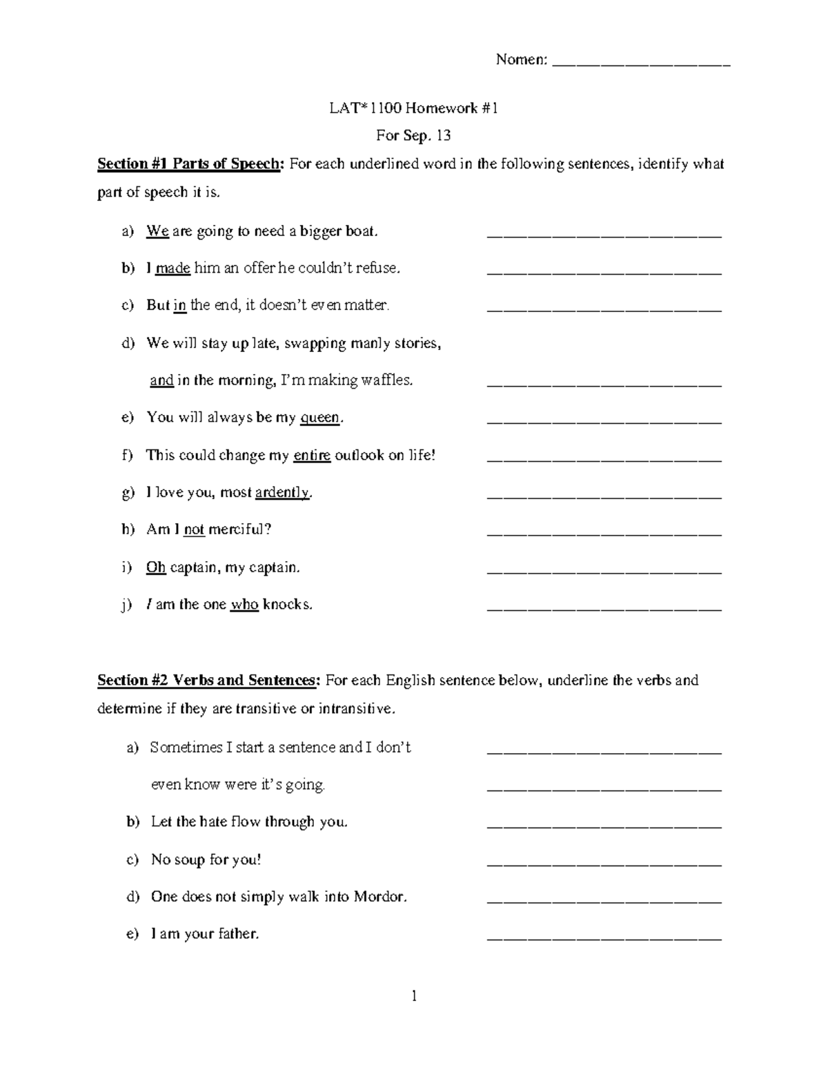 LAT1100 HW1 - Parts of Speech & Verbs Analysis Homework - Studocu