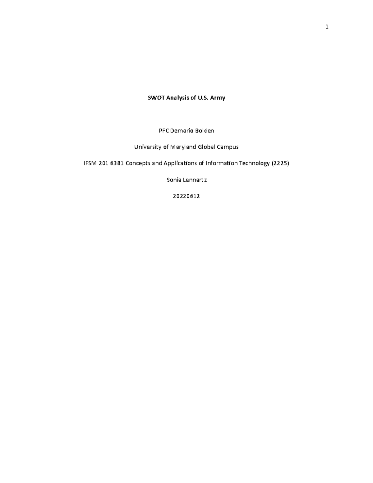 SWOT Analysis document - SWOT Analysis of U. Army PFC Demario Bolden ...