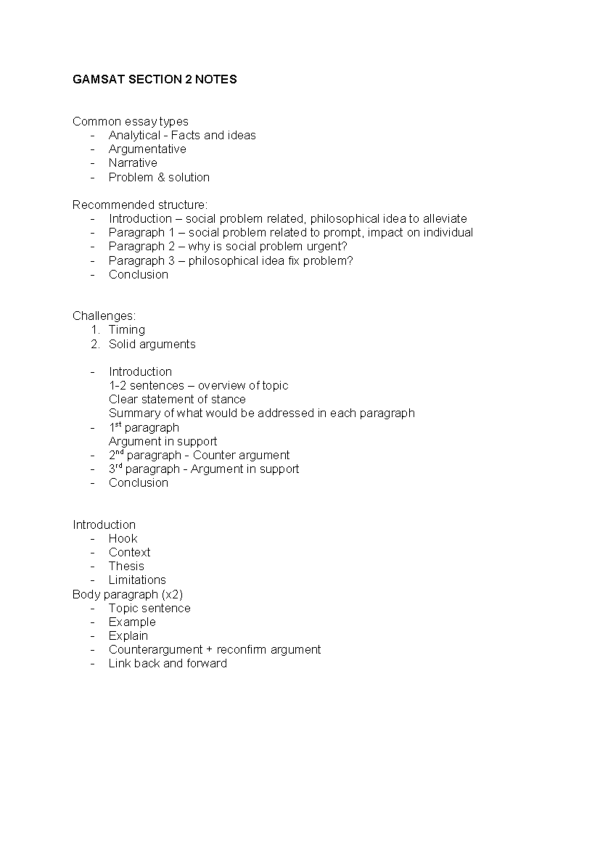 GAMSAT Section 2 Essay Structure & Notes for Success - Studocu