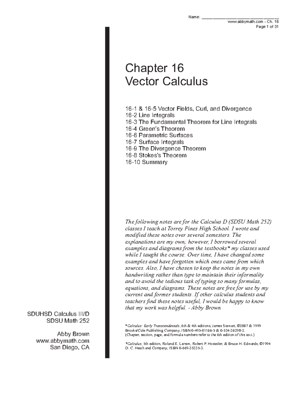 Chapter 16 - Lecture notes for vector calculus - Chapter 16 Vector ...