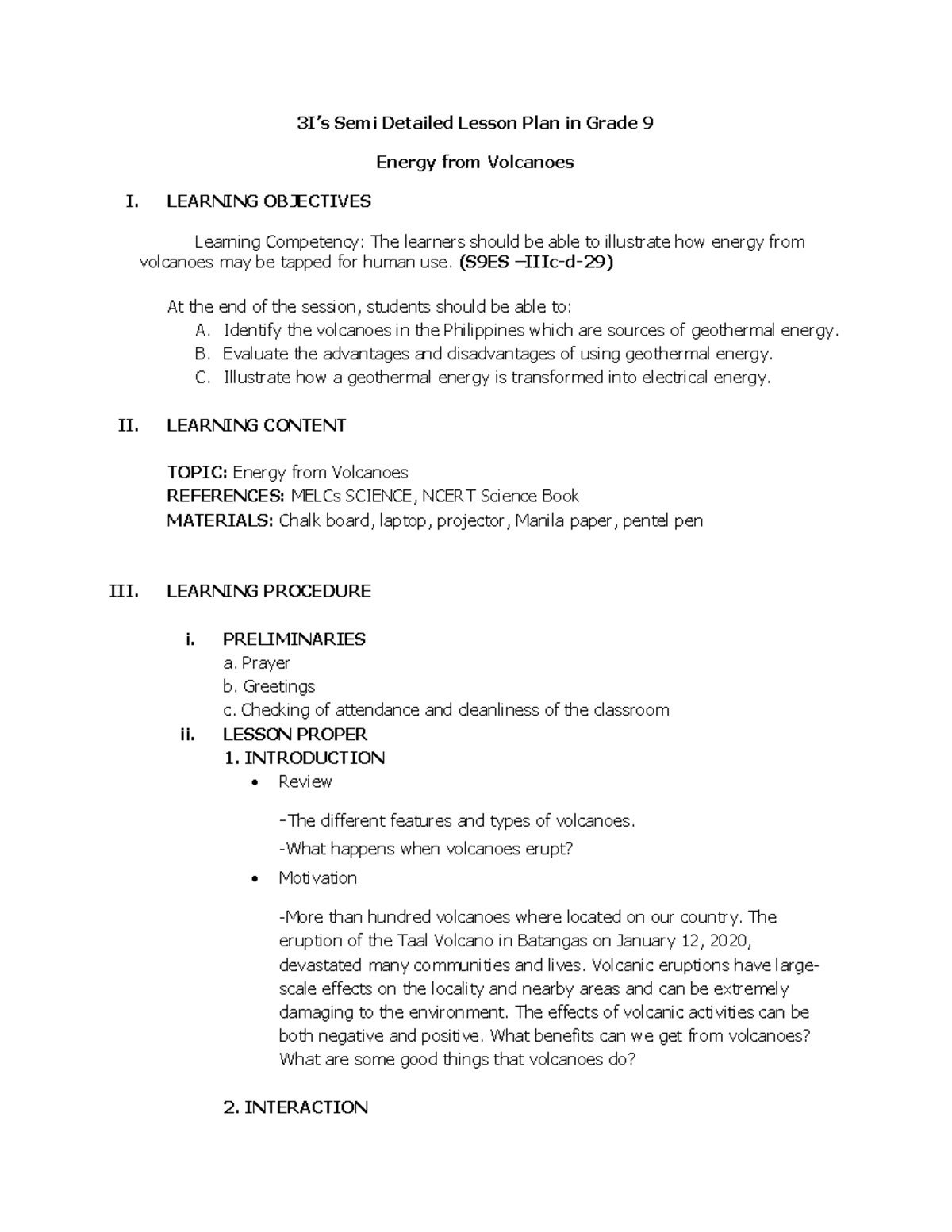 3I’s Detailed Lesson Plan on Geothermal Energy for Grade 9 - Studocu