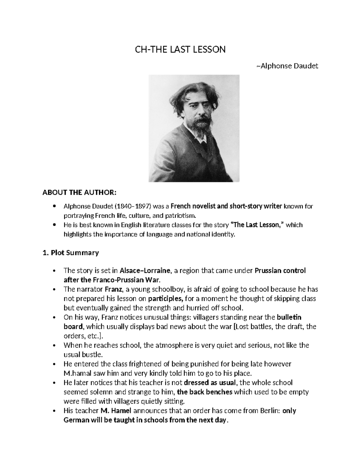 ENG 101: The Last Lesson - Class Notes on Daudet's Story - Studocu