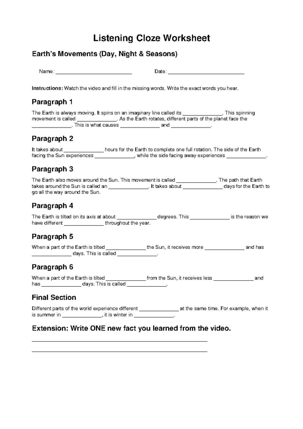 Earth Movements Listening Cloze Worksheet (Day, Night, Seasons) - Studocu