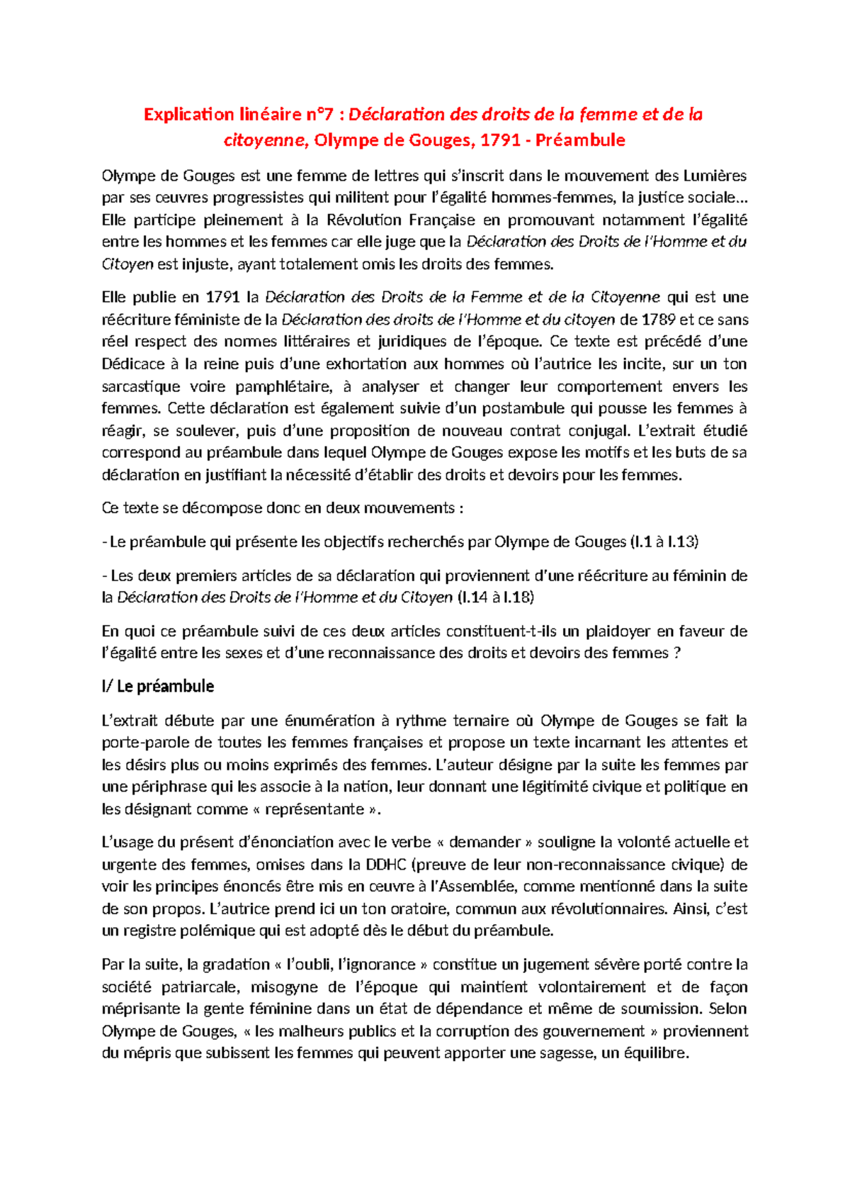 Explication linéaire n°7 : Déclaration des droits de la femme, Olympe ...