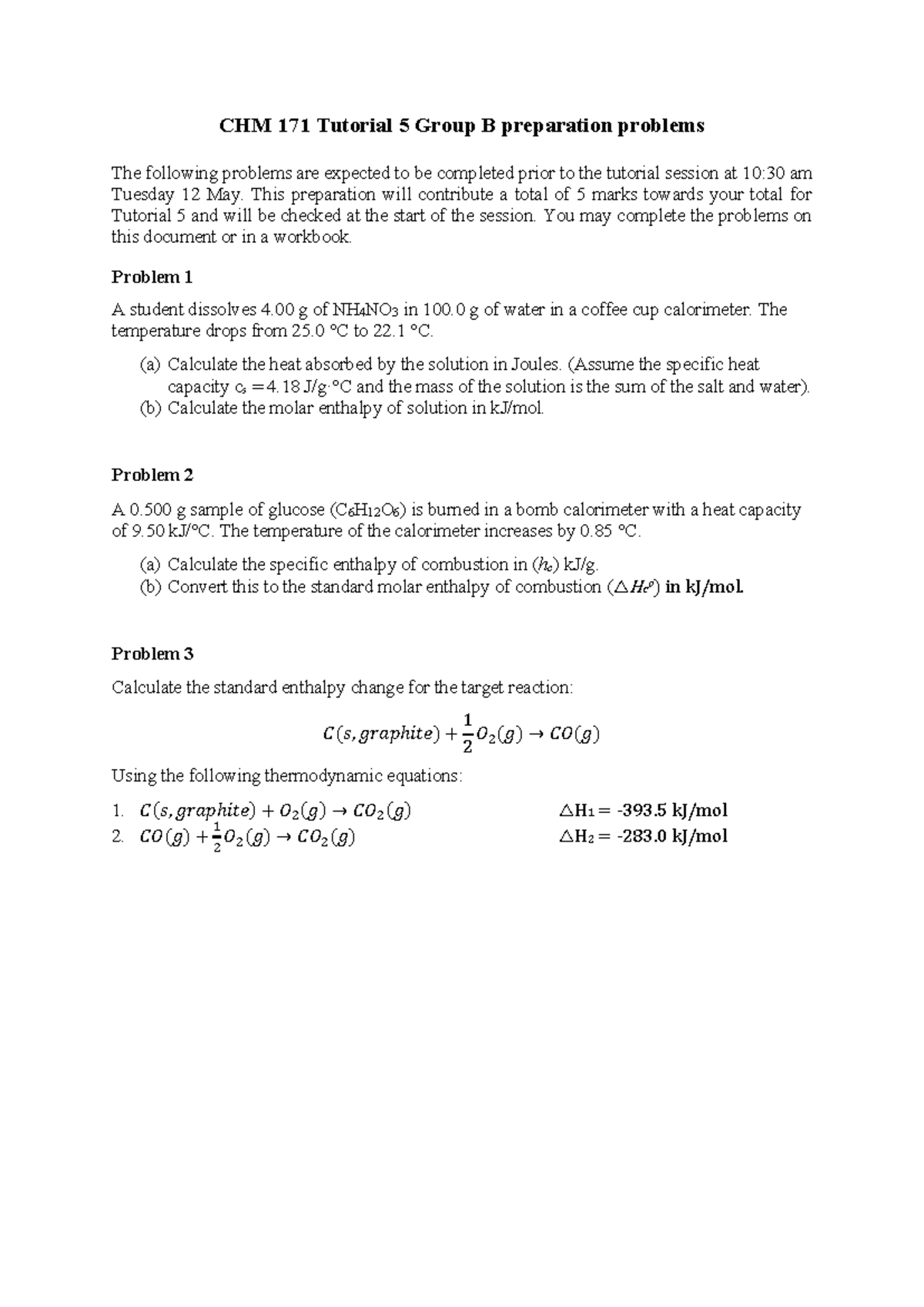 CHM 171 Tutorial 5 Group B Thermochemistry Prep Problems - Studocu