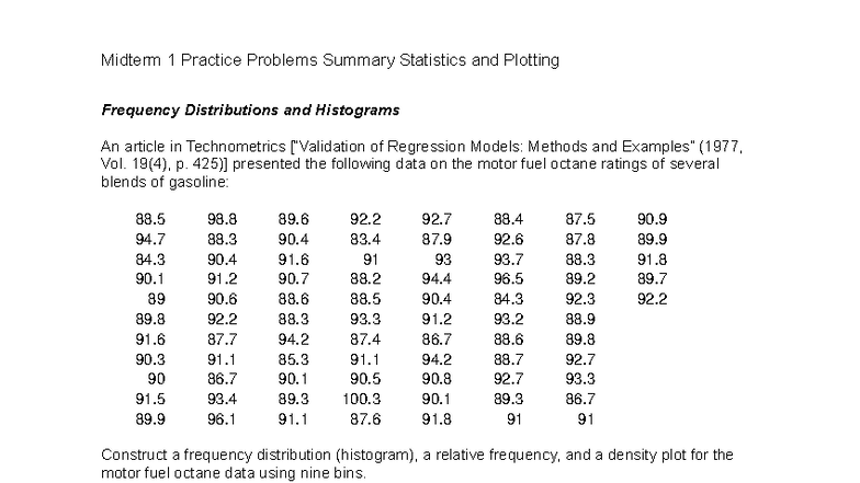 Midterm 1 Practice Problems: Summary Stats & Frequency Distributions ...