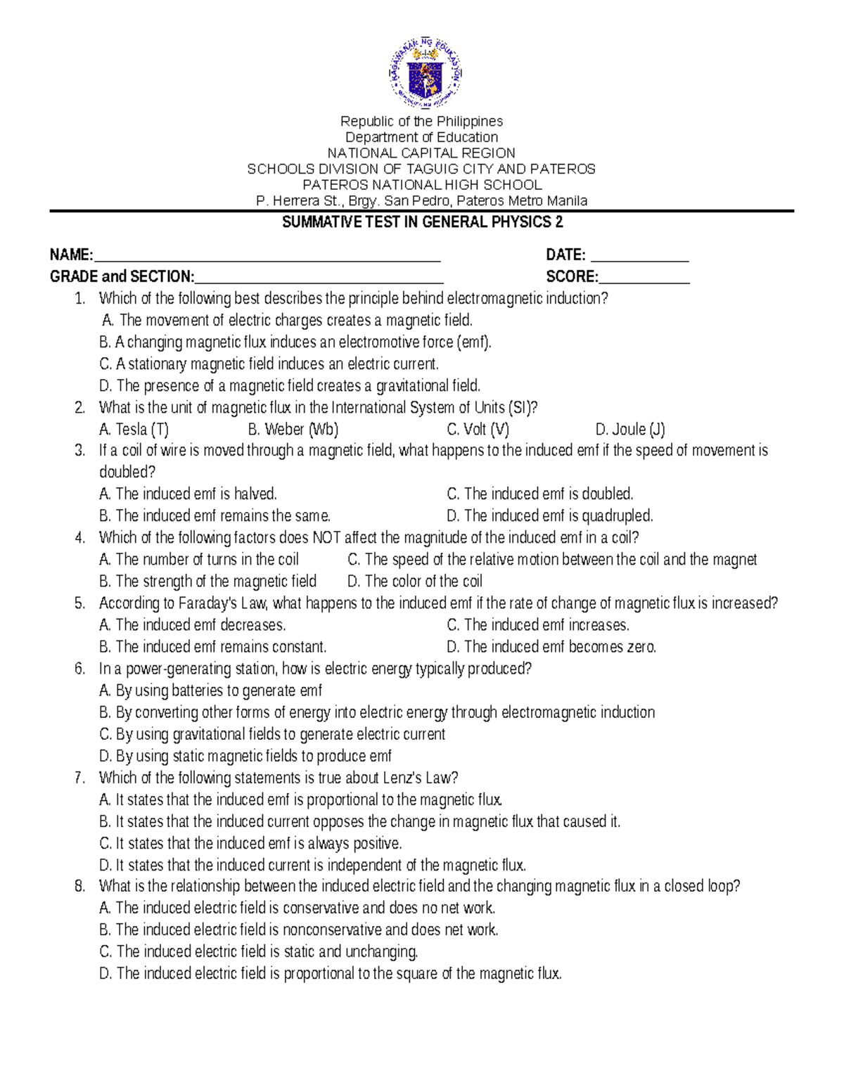 4th Summative Test in General Physics 2 - Studocu
