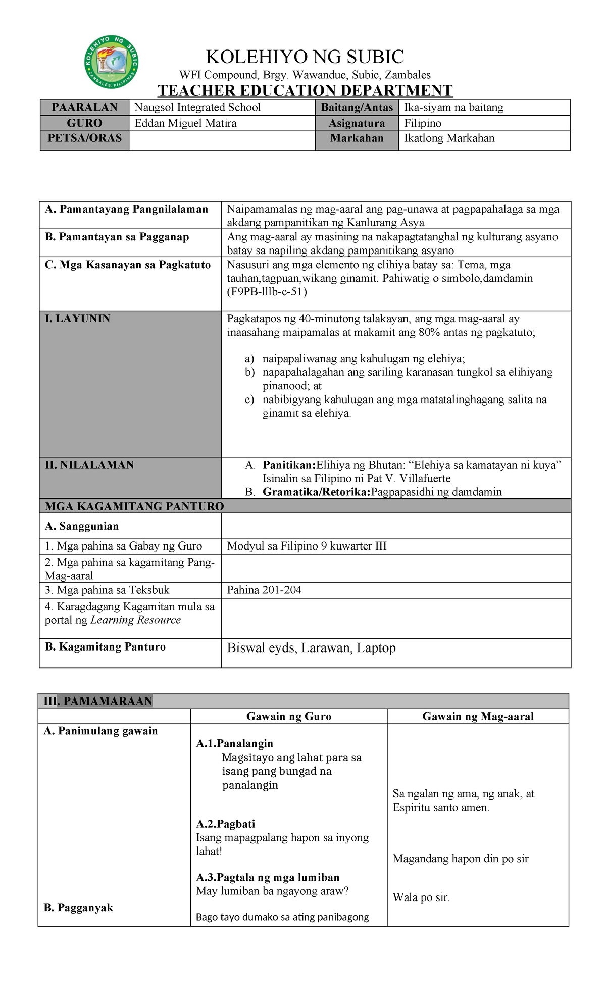 FIL 9: Elehiya sa Kamatayan ni Kuya - Pagtalakay at Pagsusuri - Studocu