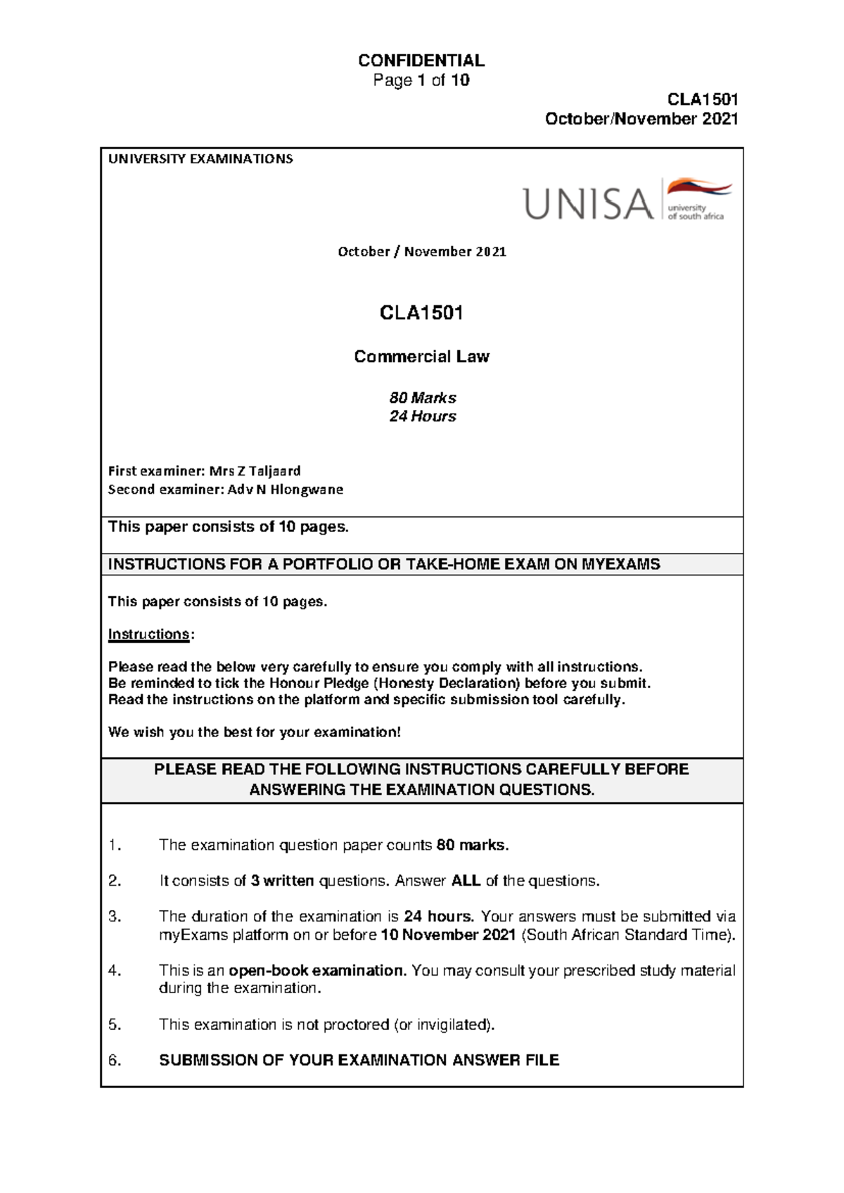 CLA1501 Examination - Questions - Page 1 of 10 CLA October/November ...