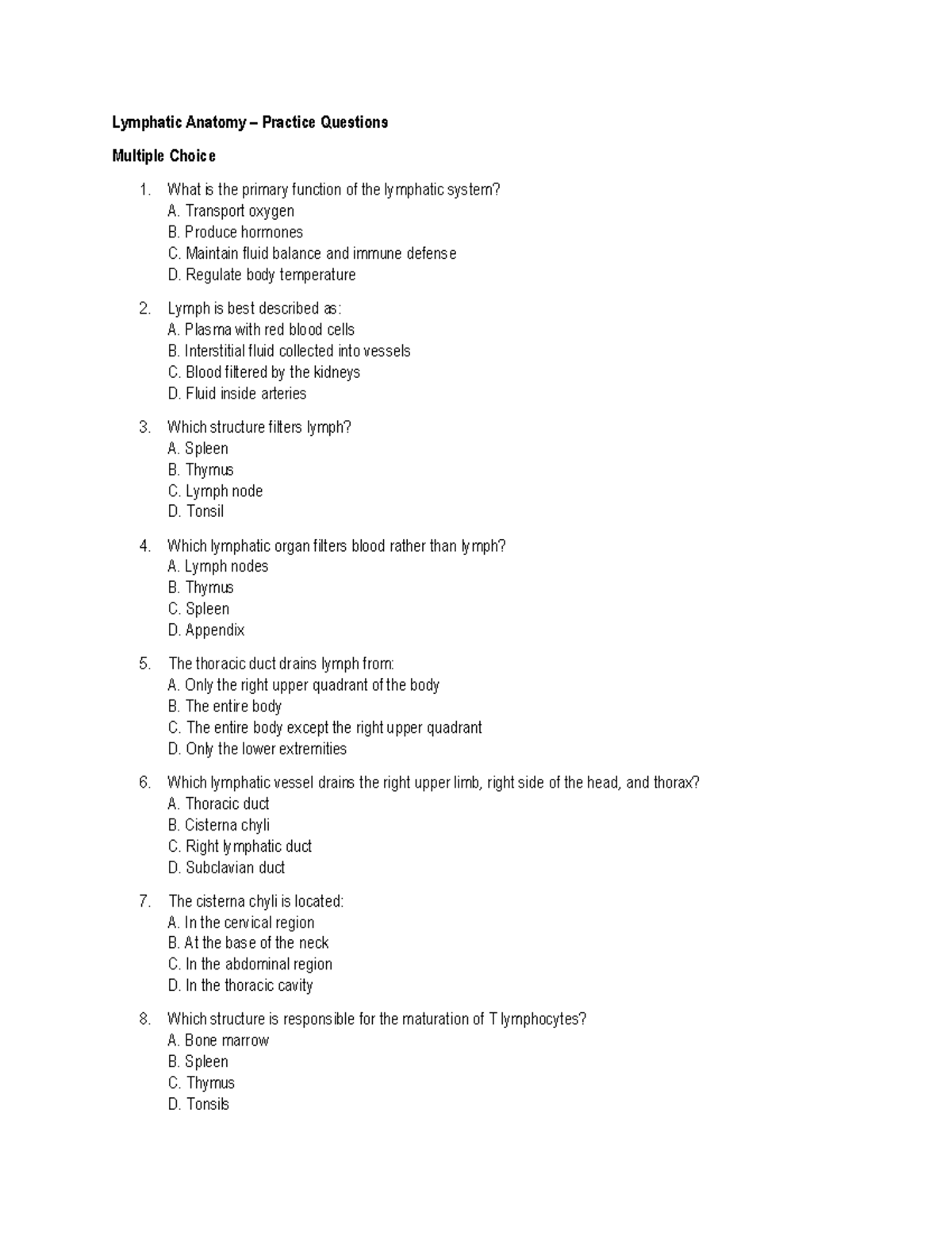 Lymphatic Anatomy MCQs for Exam Review - Studocu