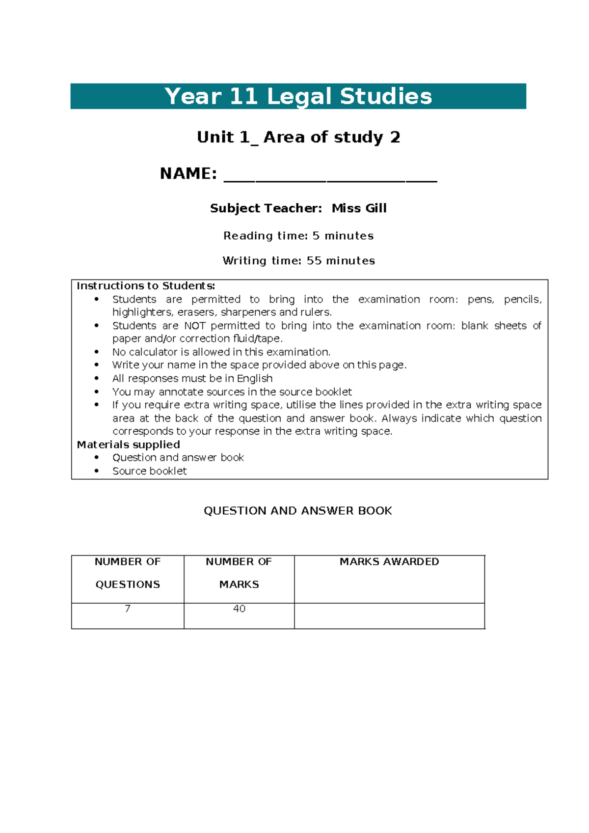 2024 Year 11 Legal Studies Unit 1 AOS 2 Final SAC Exam Notes - Studocu