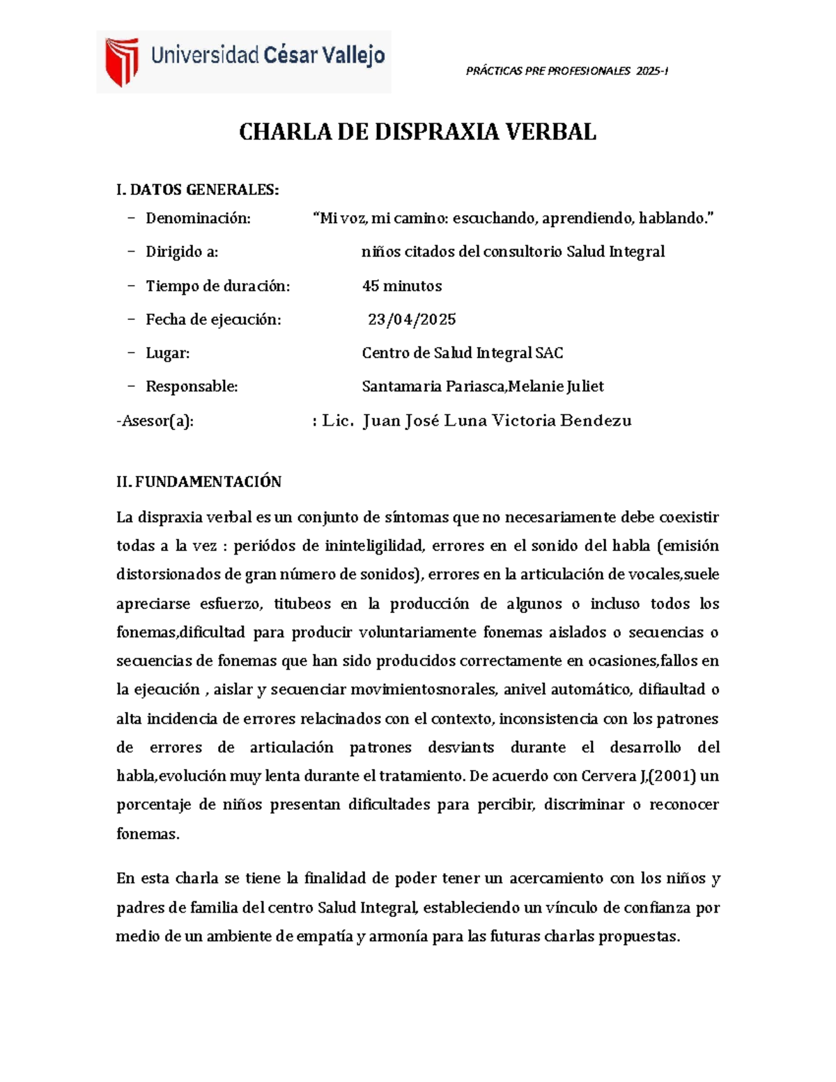 Charla sobre Dispraxia Verbal: Prácticas Pre Profesionales - Studocu