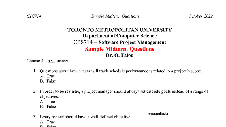 CPS714 Sample Midterm Questions - Software Project Management 2022 ...