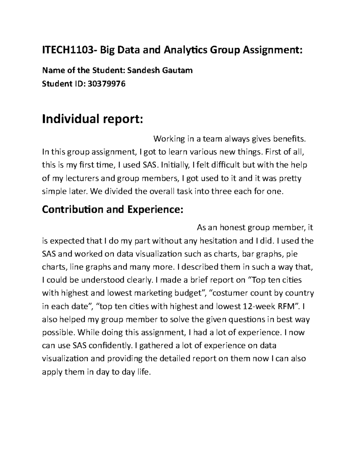 individual report - ITECH1103- Big Data and Analytics Group Assignment: Name of the Student ...