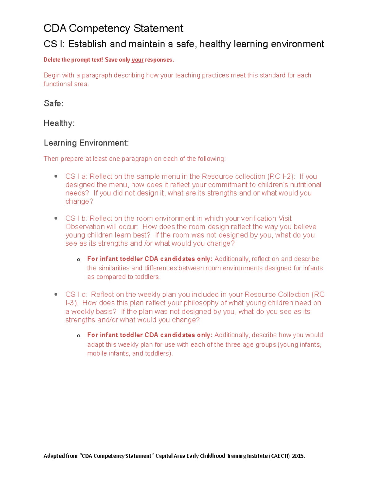 CDA Competency Statement Reflection for CS I - Safe & Healthy ...