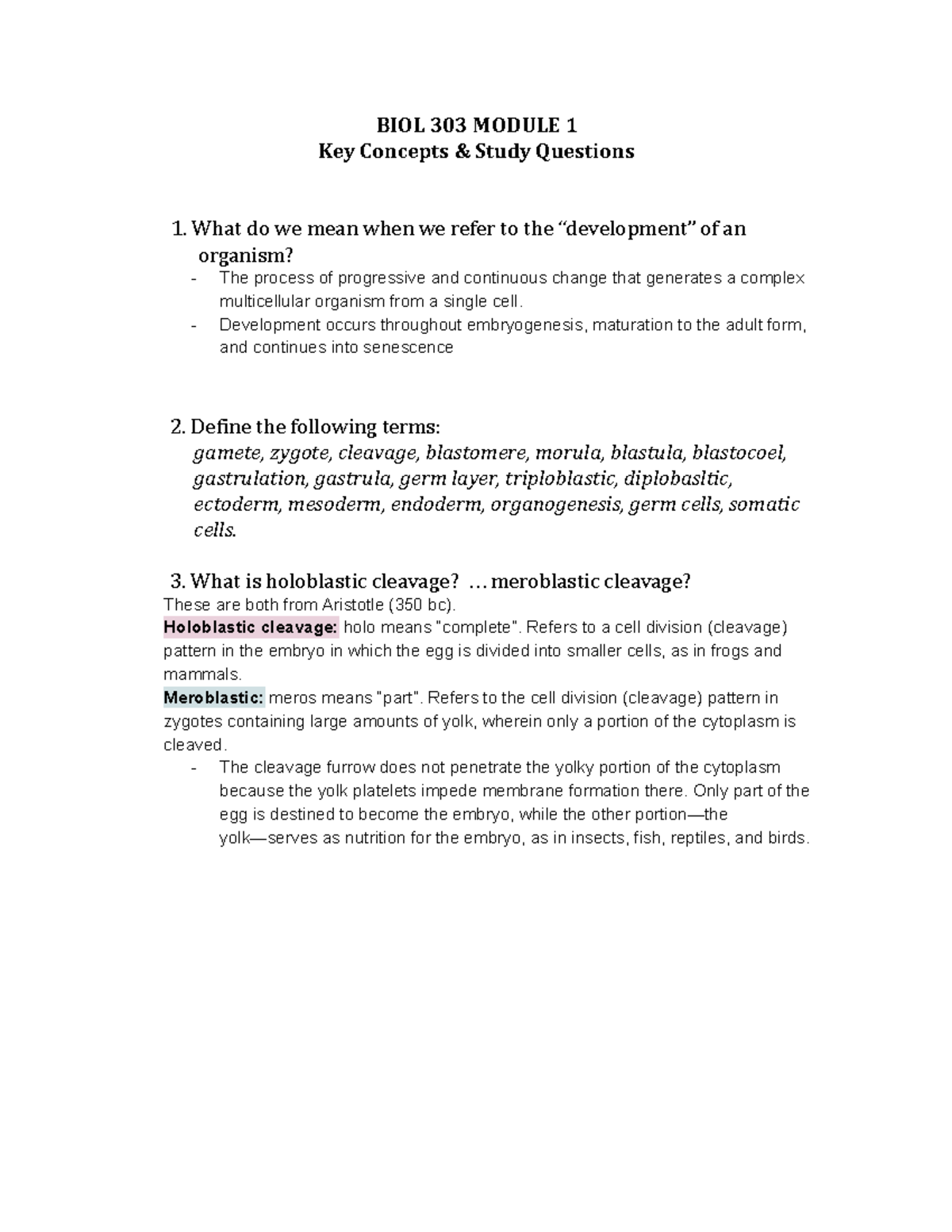 BIOL 303 Study Questions for Module 1 on Embryology Concepts - Studocu