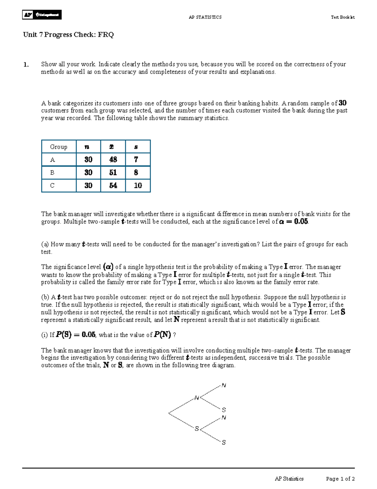 AP STATISTICS Unit 7 Progress Check: FRQ 1 Analysis and Methods - Studocu