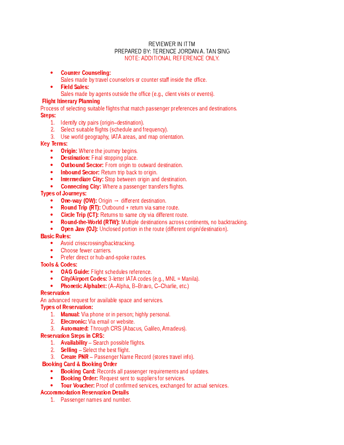 ITTM Midterm Reviewer: Travel Counseling & Itinerary Planning - Studocu