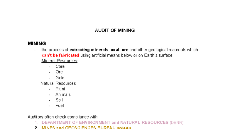 AUDIT OF MINING: Key Processes and Compliance Overview - Studocu