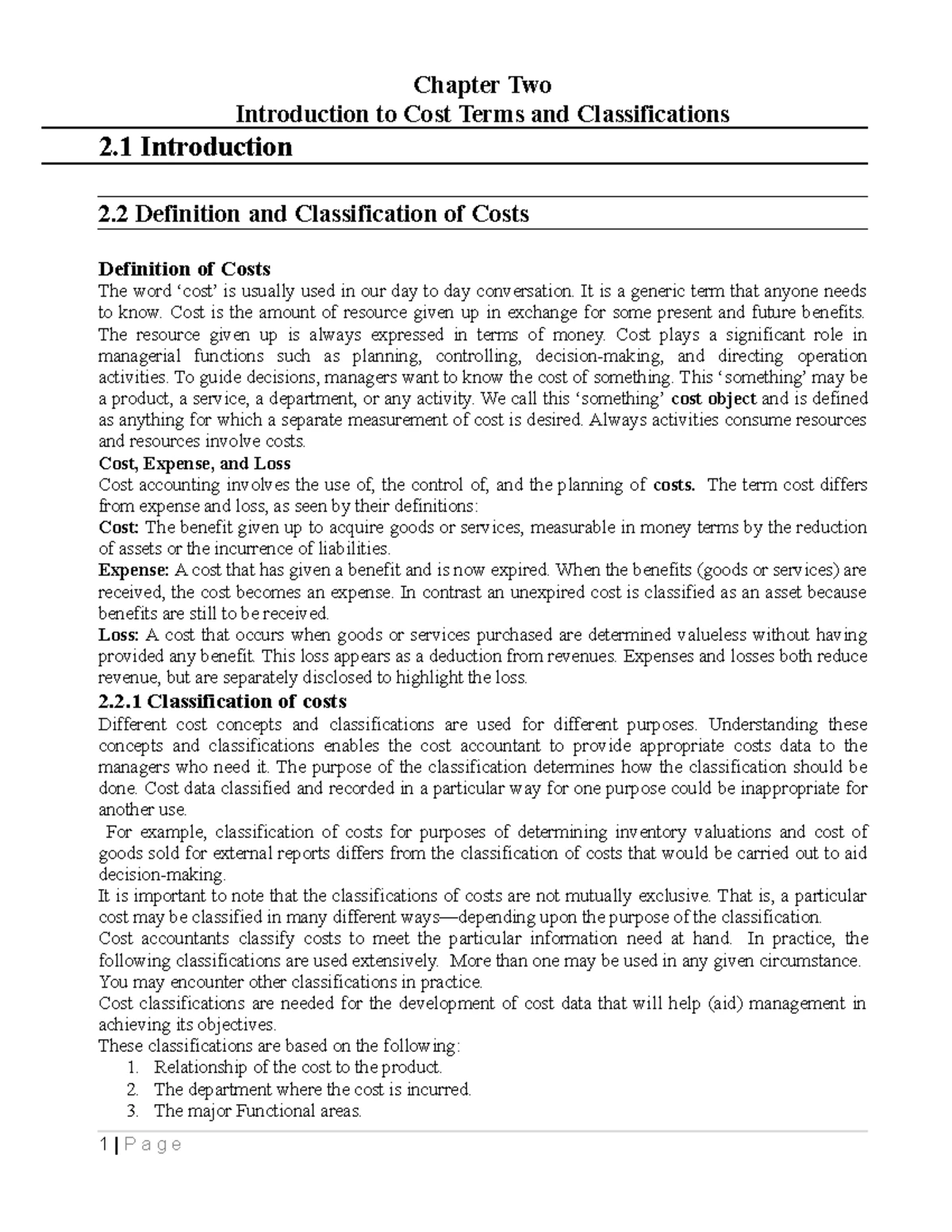 CH-2 Revised - COST - Chapter Two Introduction to Cost Terms and Classifications 2 Introduction ...