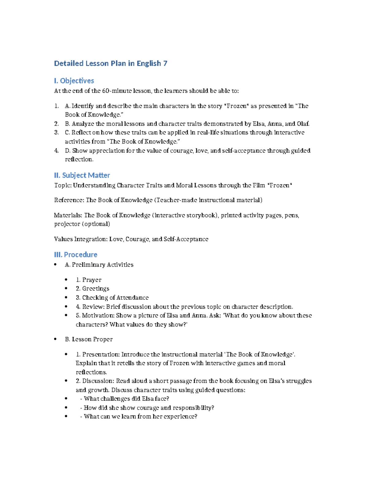 Detailed Lesson Plan: Character Traits & Morals in English 7 - Studocu
