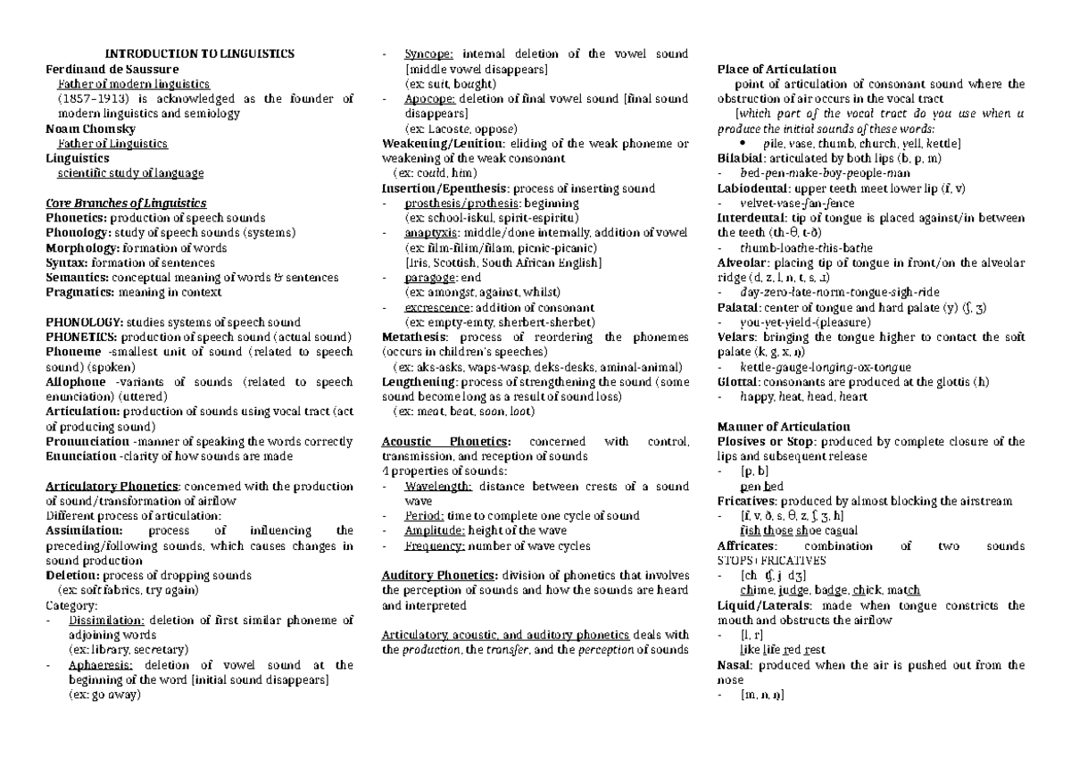 Linguistics Keypoints: Foundations, Branches & Phonetics Overview - Studocu