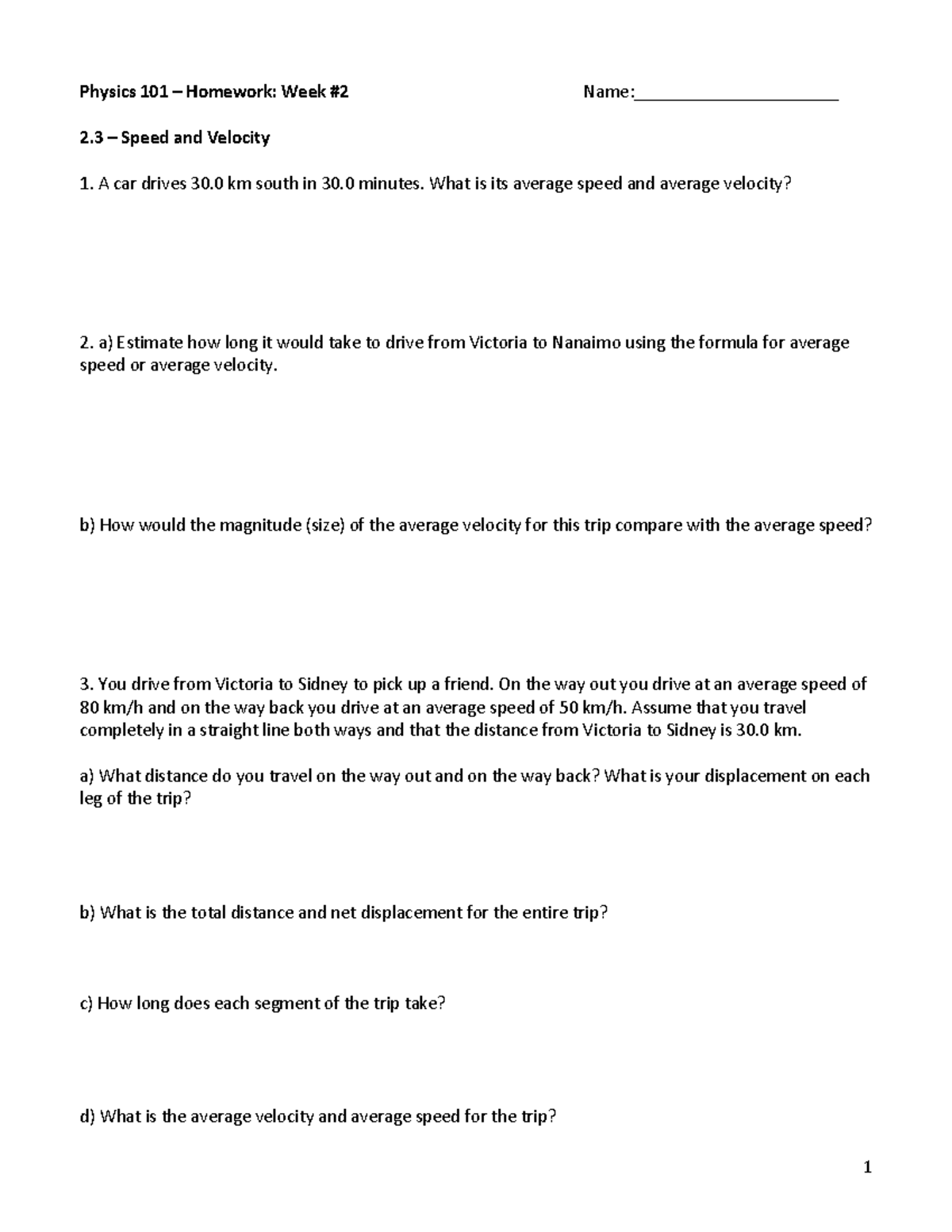 Physics 101 Homework: Week 2 - Speed, Velocity, and Kinematics Analysis ...